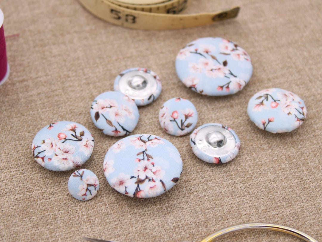 Cherry Blossom Buttons - Pale Blue Fabric Buttons | White and Pink ...