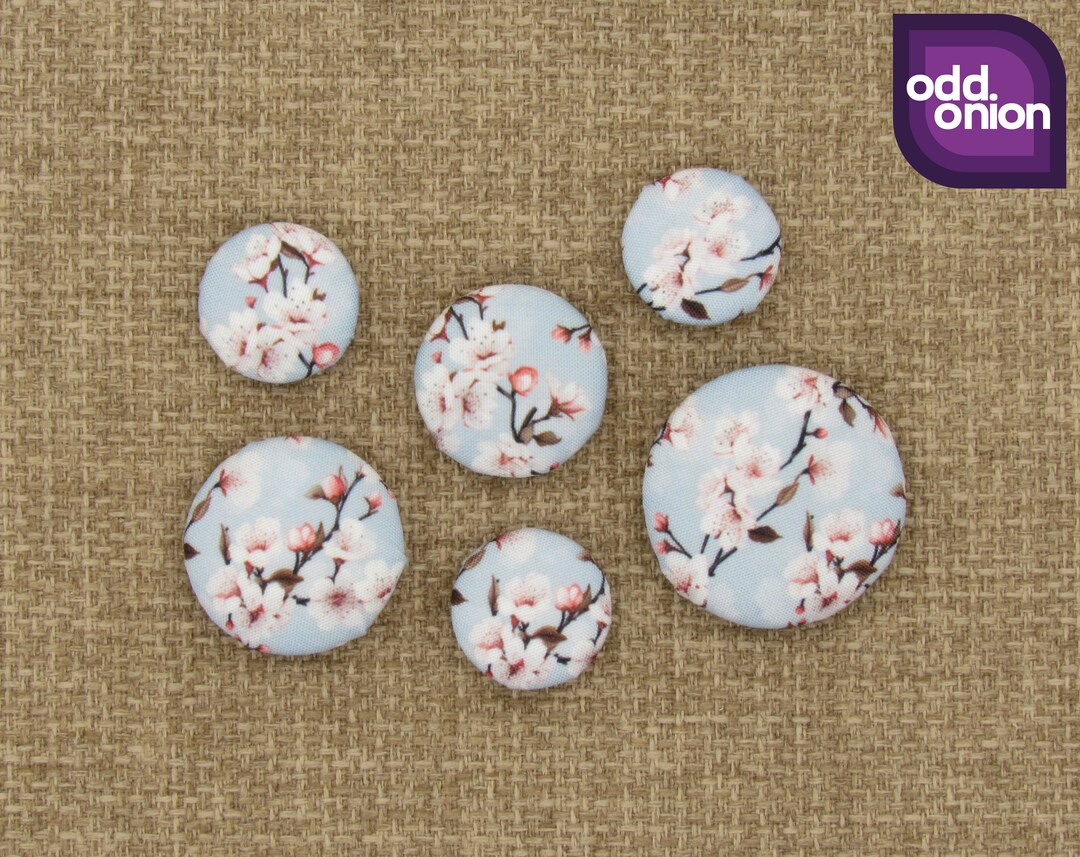 Cherry Blossom Buttons Pale Blue Fabric Buttons White and Pink Blossom ...
