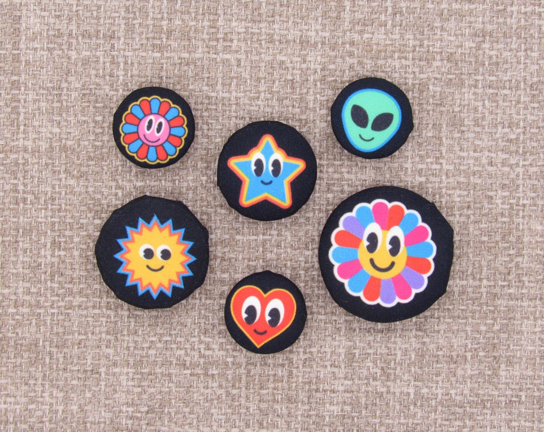 Cartoon Shape Buttons Bright Character Buttons Stars Flowers Aliens and ...