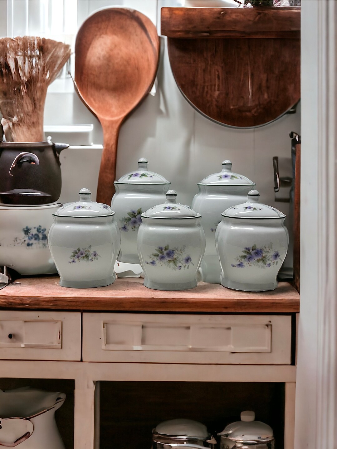 Set of 5 Vintage Porcelain Canisters / Lidded Storage / Home Display ...