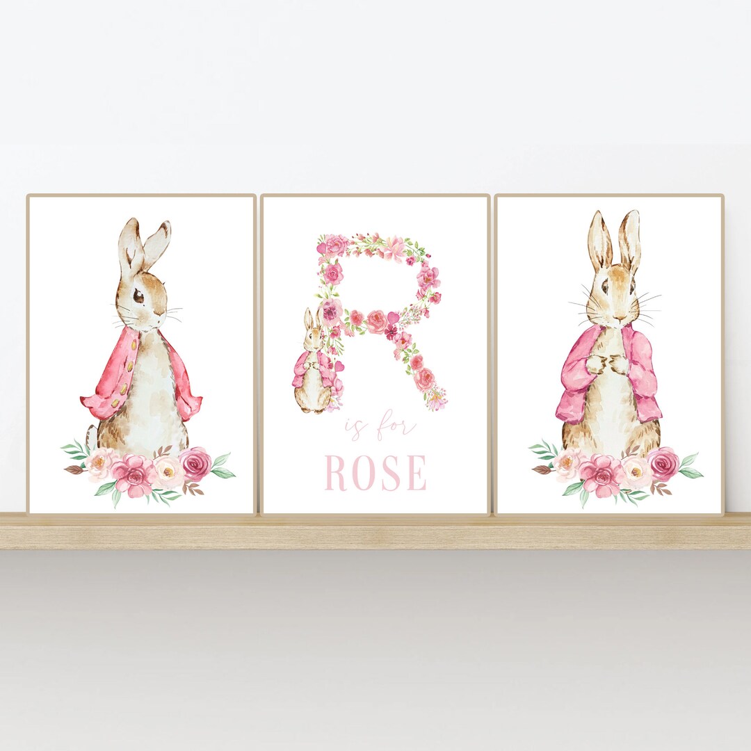 Peter Rabbit Pink Floral Set of 3 Nursery Prints, Customisable Name ...
