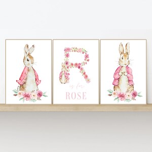 Peter Rabbit Pink Floral Set of 3 Nursery Prints, Customisable Name ...