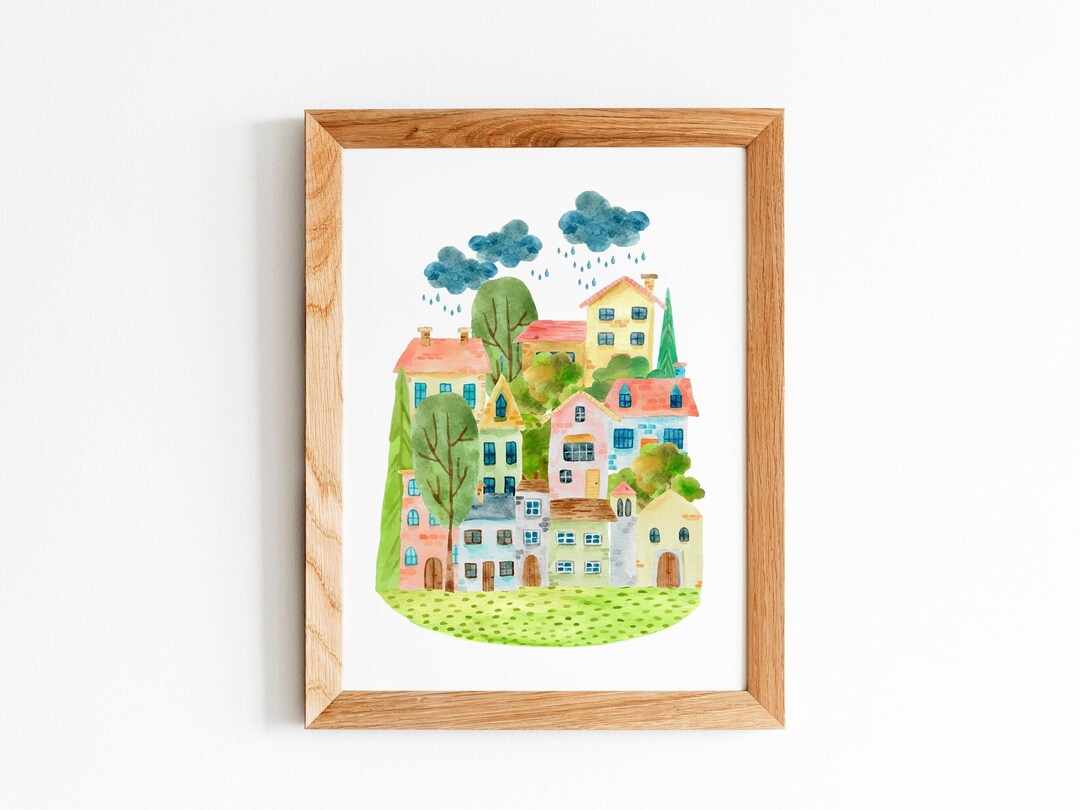 Printable Art Print of a Picturesque Small Town, Watercolor Art ...