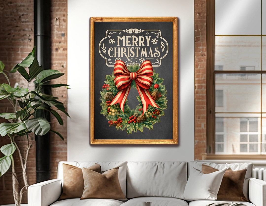 Vintage Christmas, Merry Christmas Wall Art, Christmas Wreath, Digital ...