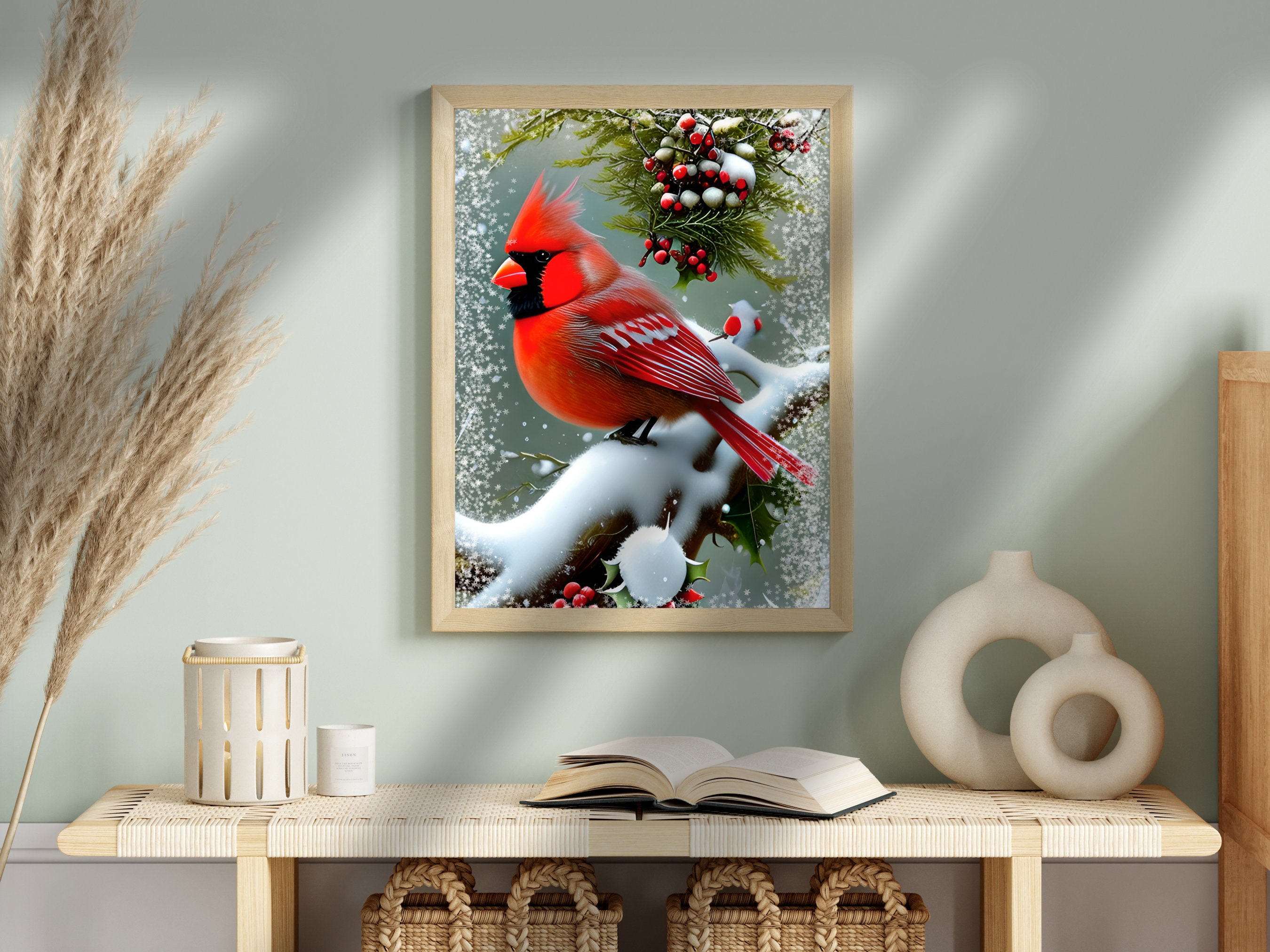 Red Cardinal Bird Print, Winter Wall Art, Snowy Winter Scene, Digital ...
