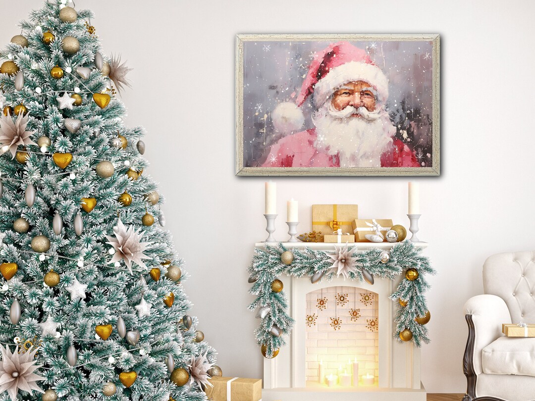 Pink Christmas Wall Art, Pink Santa, Pastel Christmas Decor, Digital ...