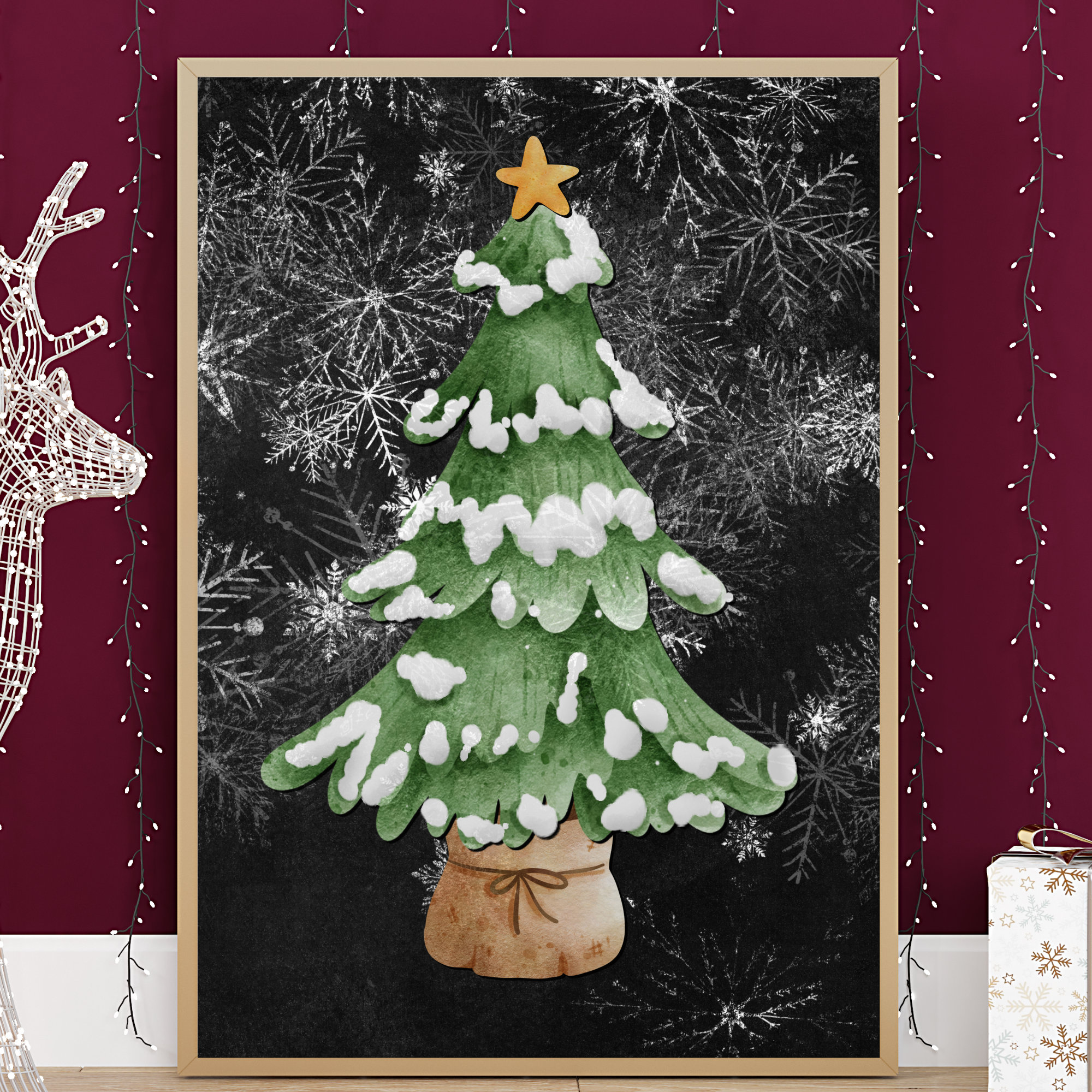 Snowy Pine Tree, Digital Download, Winter Print, Wall Art, Chalkboard ...