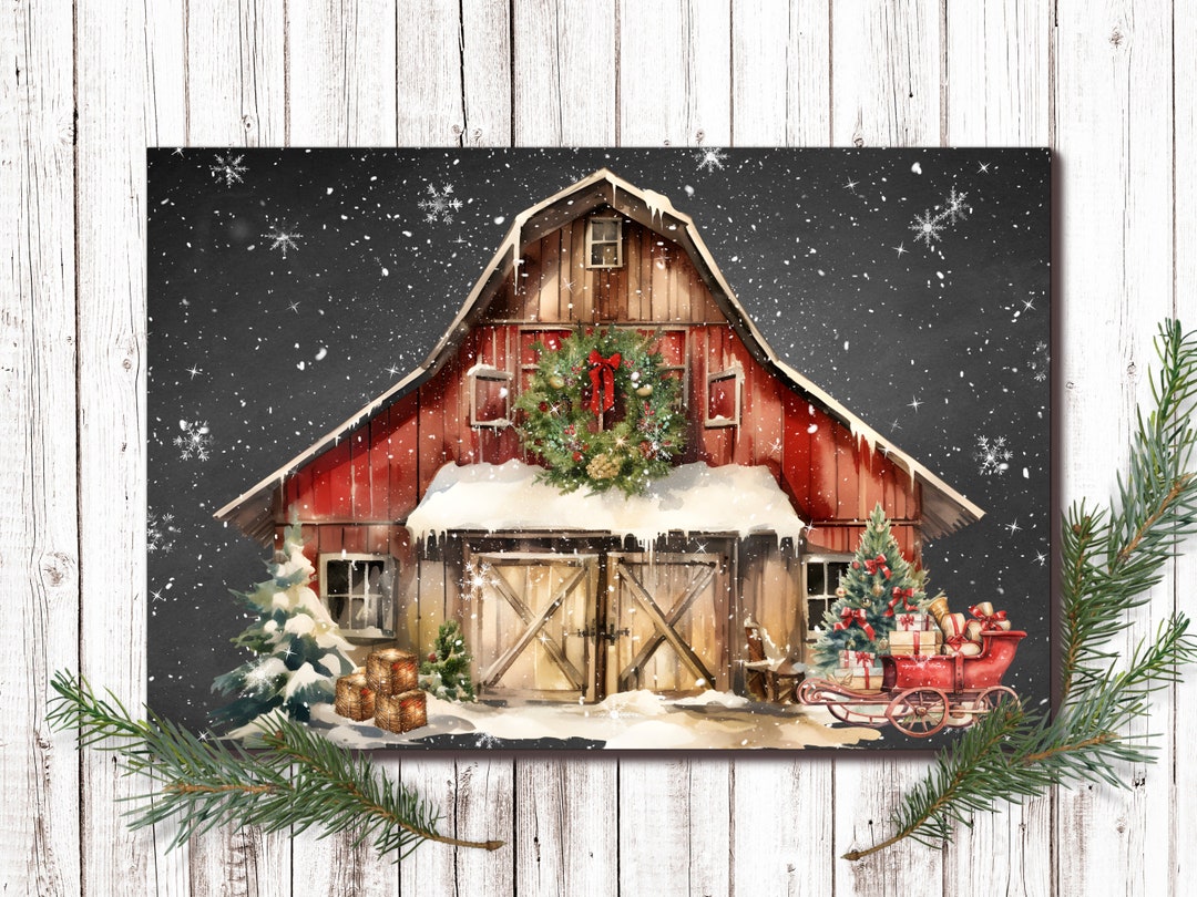 Christmas Barn Print, Rustic Christmas Wall Art, Christmas on the Farm ...