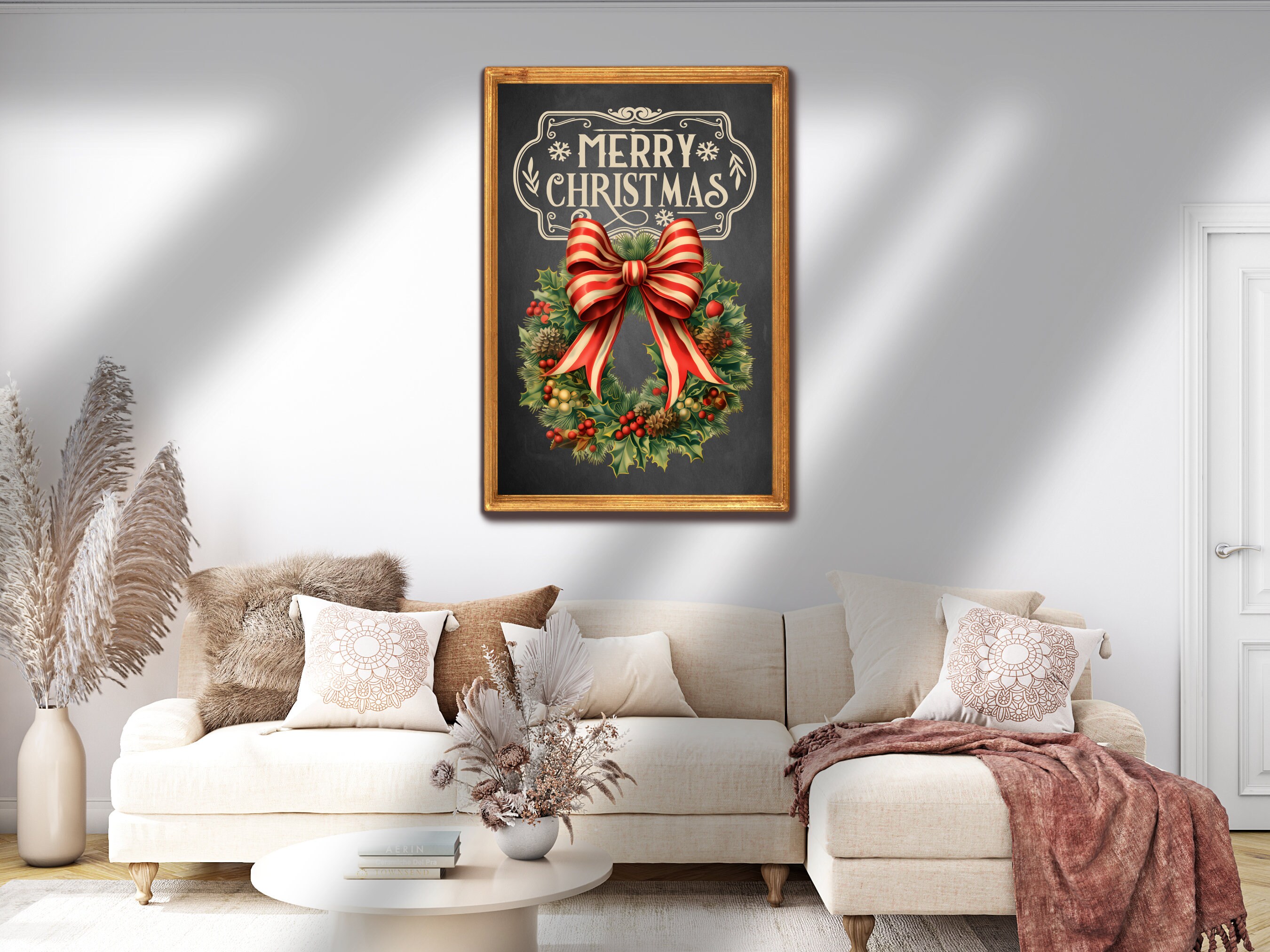 Vintage Christmas, Merry Christmas Wall Art, Christmas Wreath, Digital ...
