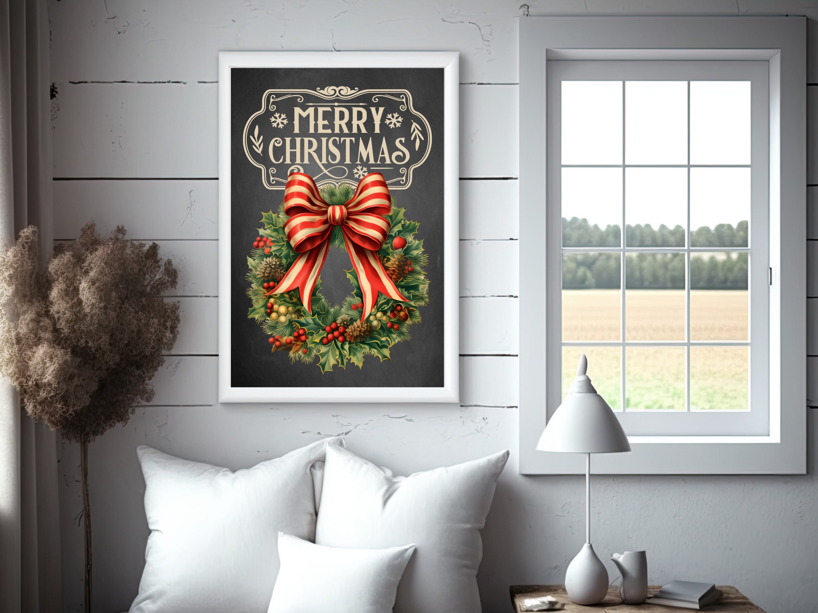 Vintage Christmas, Merry Christmas Wall Art, Christmas Wreath, Digital ...