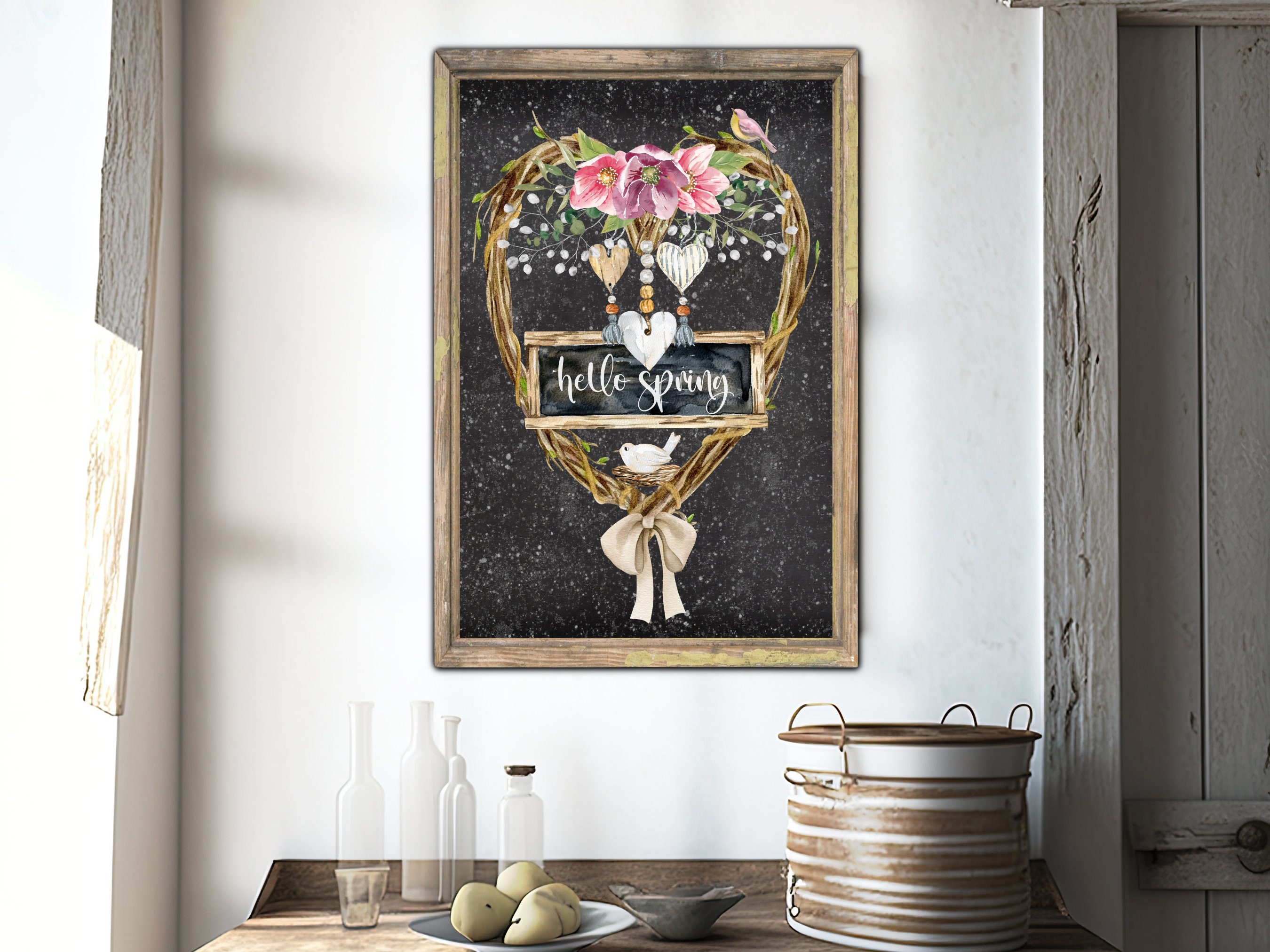 Hello Spring Printable, Spring Wall Art, Rustic Farmhouse, Digital Wall ...