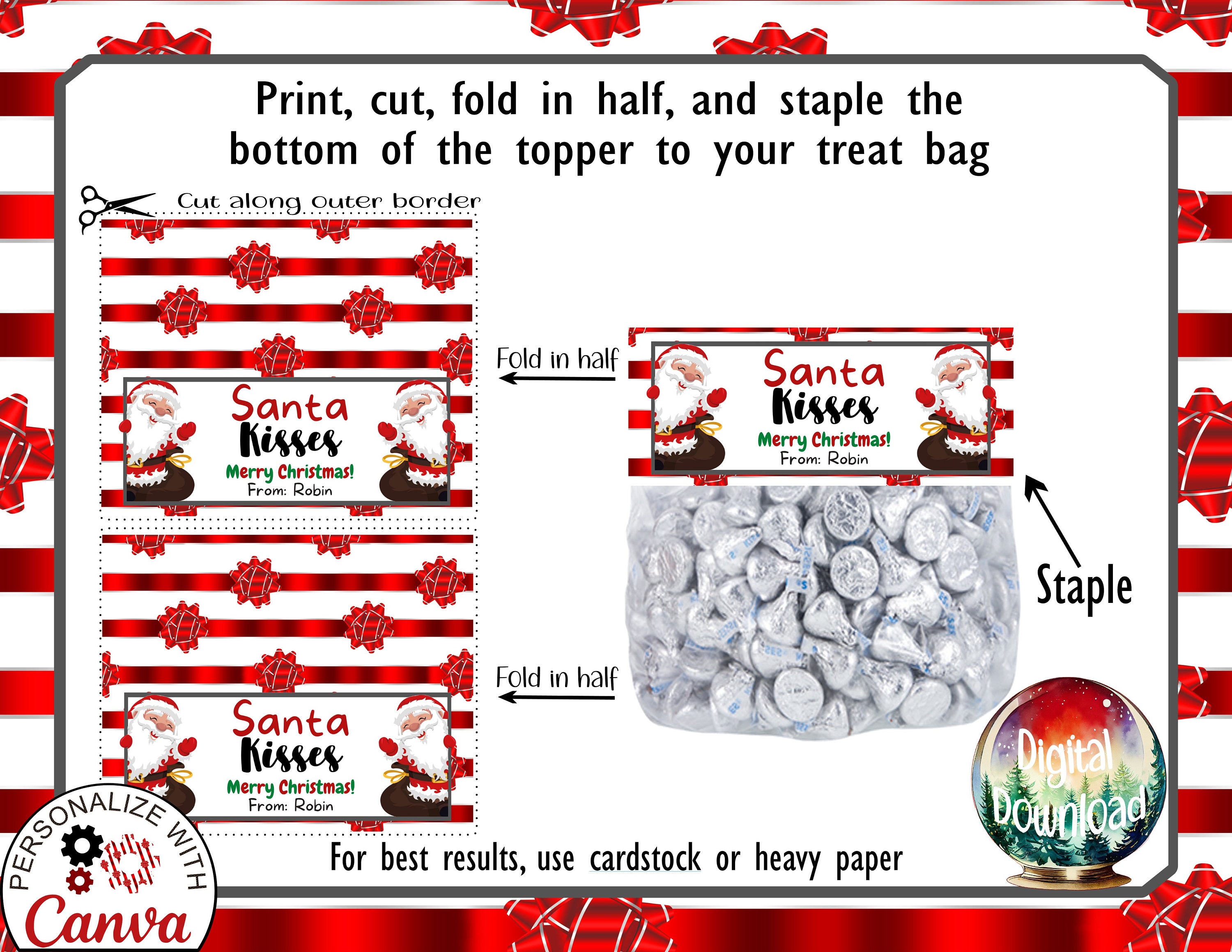 Printable santa Kisses Digital Download Editable Personalized Treat Bag ...