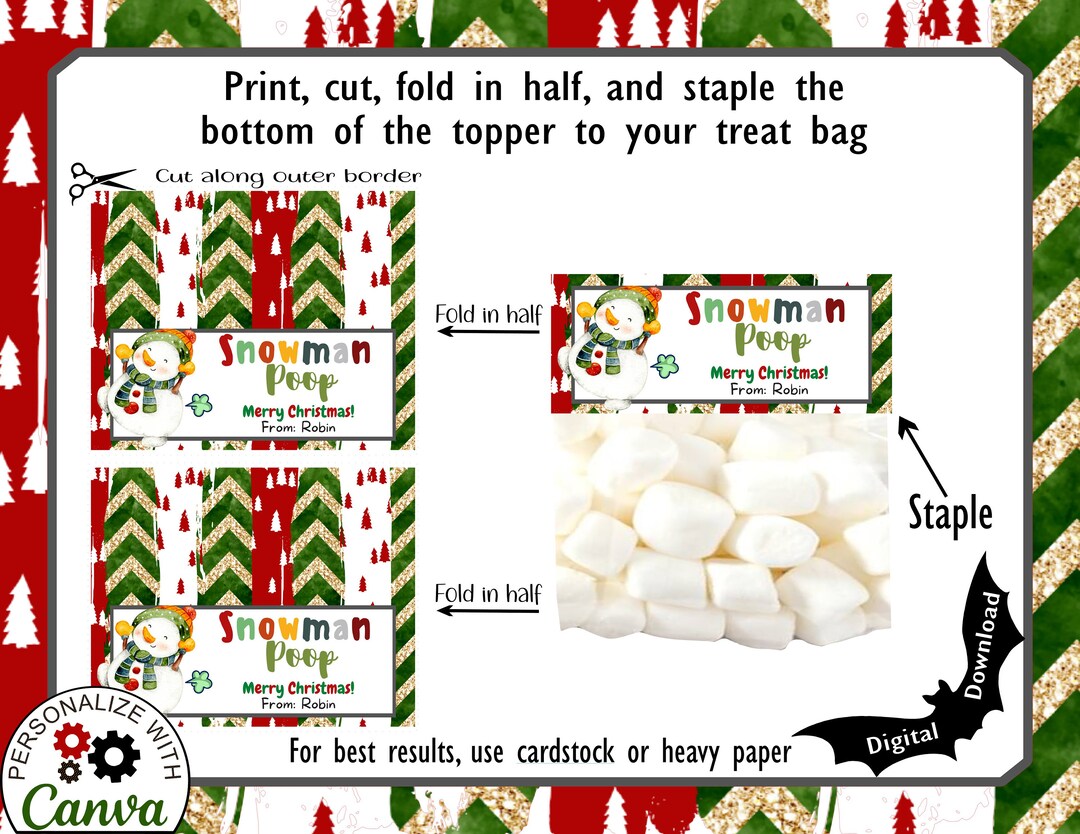 Printable Snowman Poop Digital Download Editable Personalized Treat Bag ...