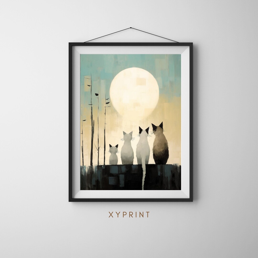 Cat Howling at the Moon Oil Painting Serene Nighttime Scene in Beige ...