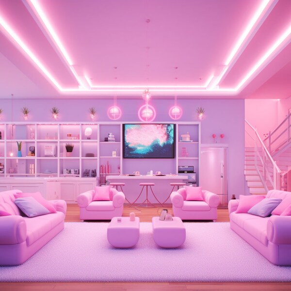 10 Vtube Virtual Background Twitch Overlay Neon Pink Pastel Room for ...