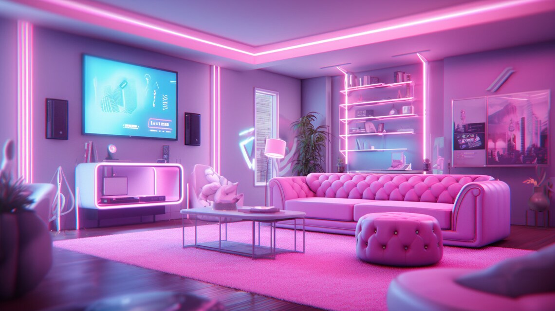 10 Vtube Virtual Background Twitch Overlay Neon Pink Pastel Room for ...