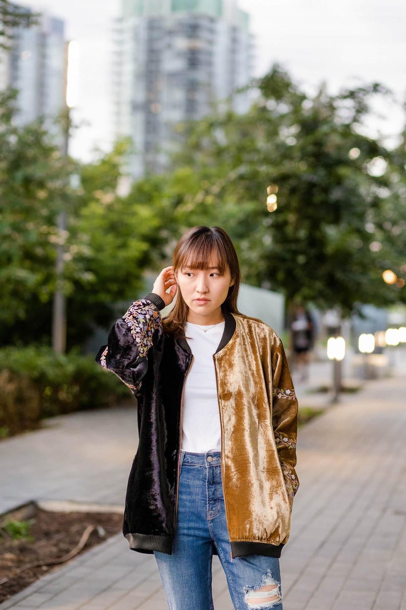 Ombré Bomber Jacket: Black & Gold, Women Jackets, Silk Velvet Jacket ...