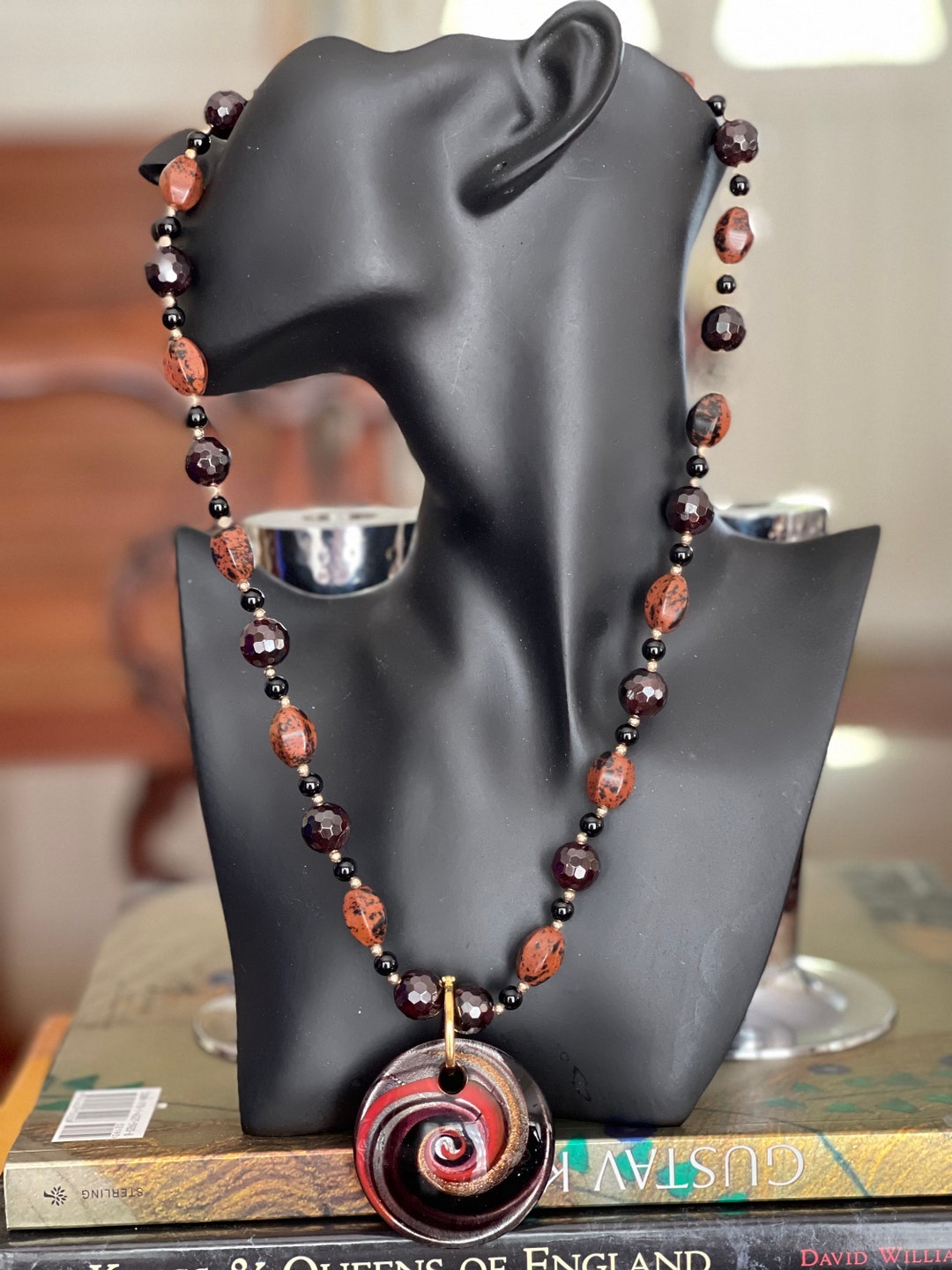 Unique Mahogany Jasper and Black Onyx Necklace With Murano Glass ...