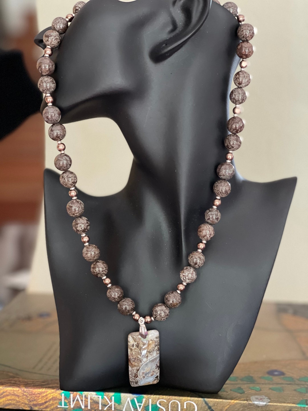 Gray Brown Jasper Beaded Necklace With Rectangular Pendant Charm ...