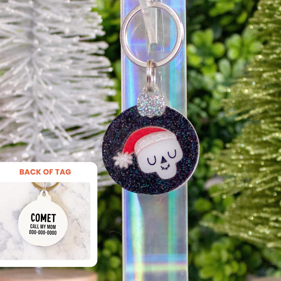 Creepmas Goth Christmas Pet ID Tag, Skull With Santa Hat, Custom Cat ...