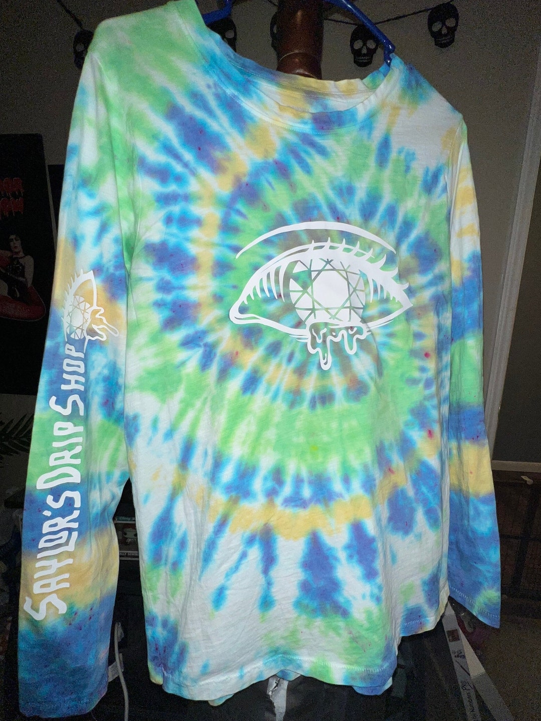Large Blue/green Tie Dye With White Drip Eye Decal Long Sleeved T Shirt ...