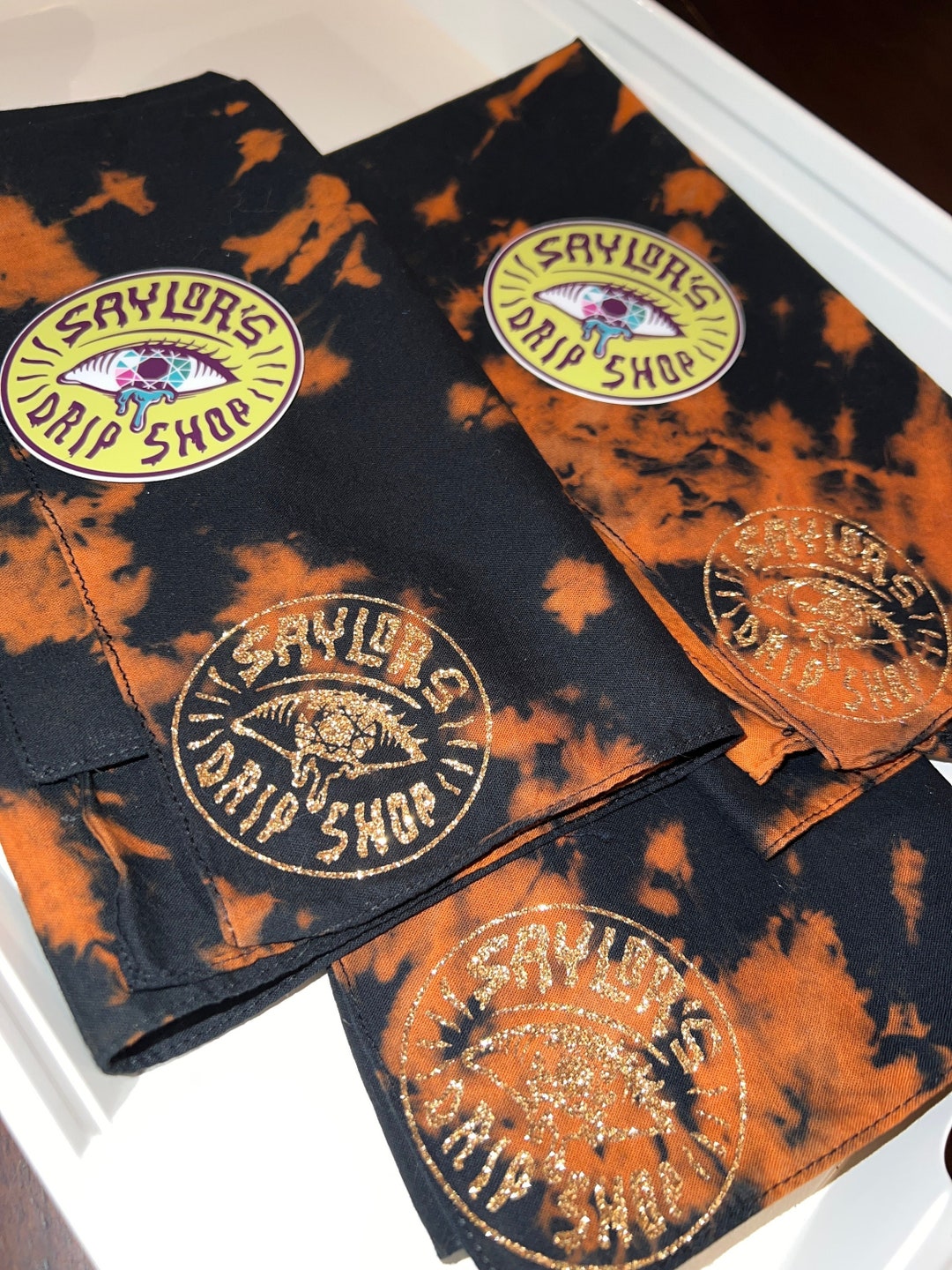 Gold Glitter Drip Logo Decal Hand Bleached Tie Dye Personalized Bandana ...