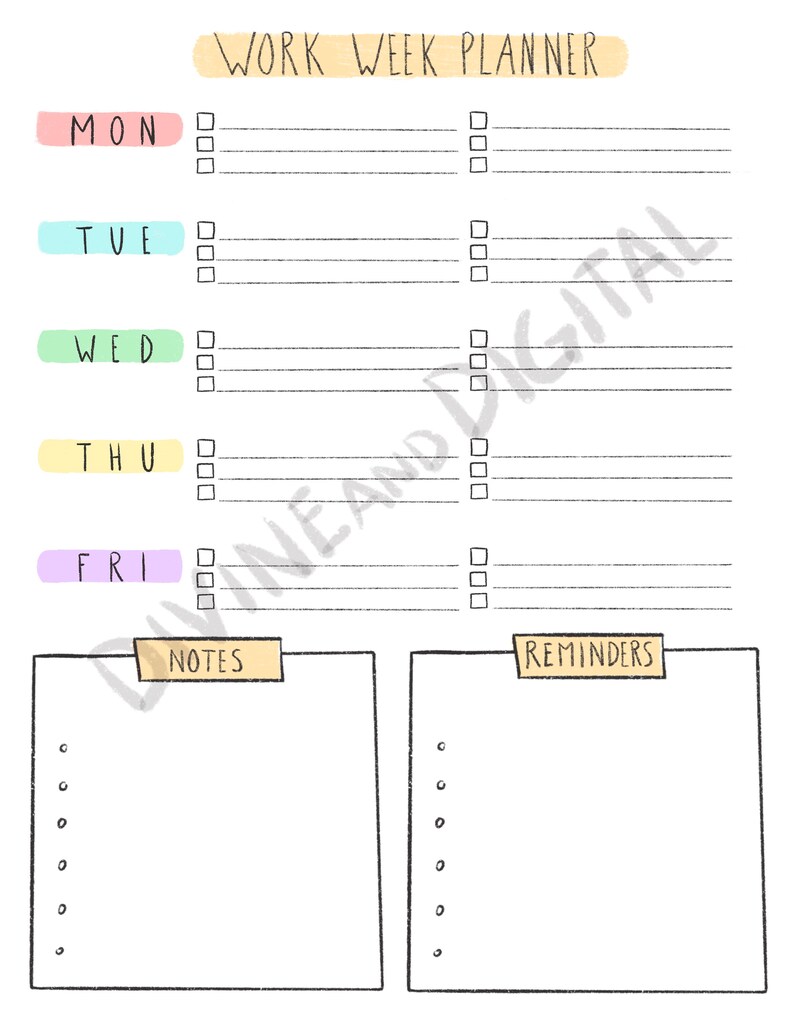Five Day Weekly Planner, Work Week Planner, Student Planner, Work ...
