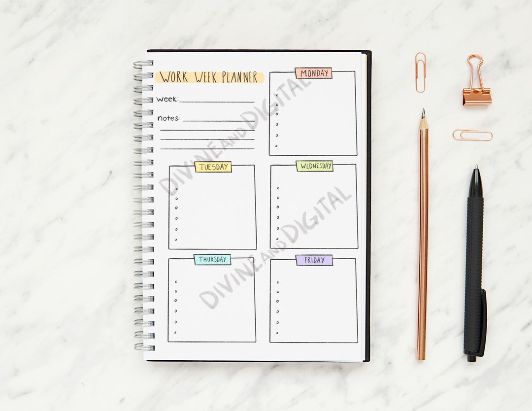 Work Week Planner, Five Day Weekly Planner, Student Planner, Work ...