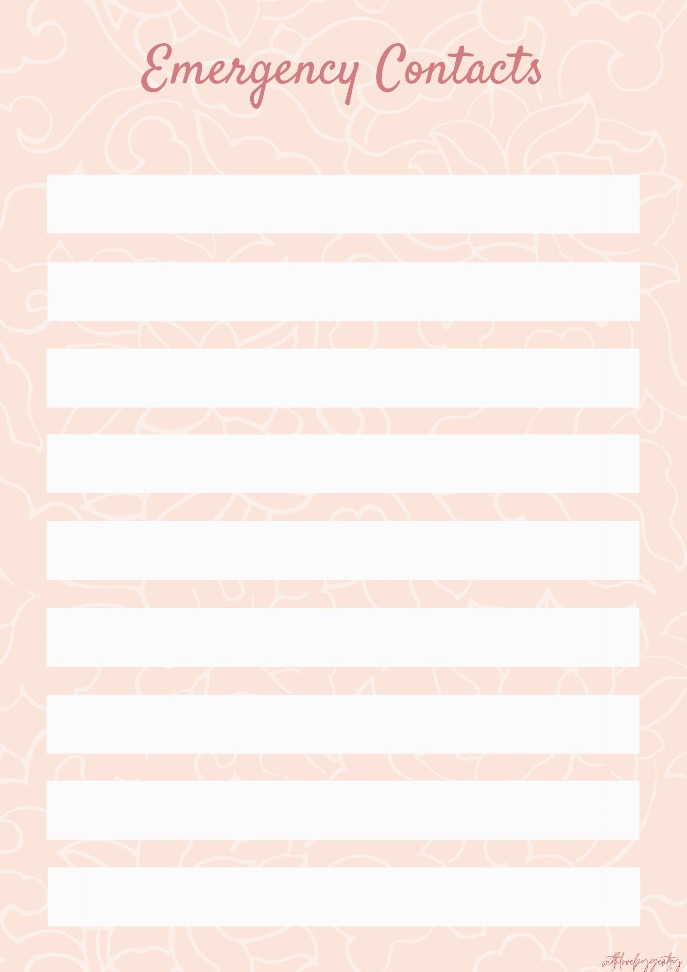 Emergency Contacts Template - Etsy