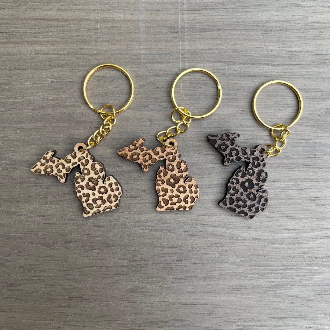 Leopard Print Michigan Keychain | Custom State Keychain | Laser ...