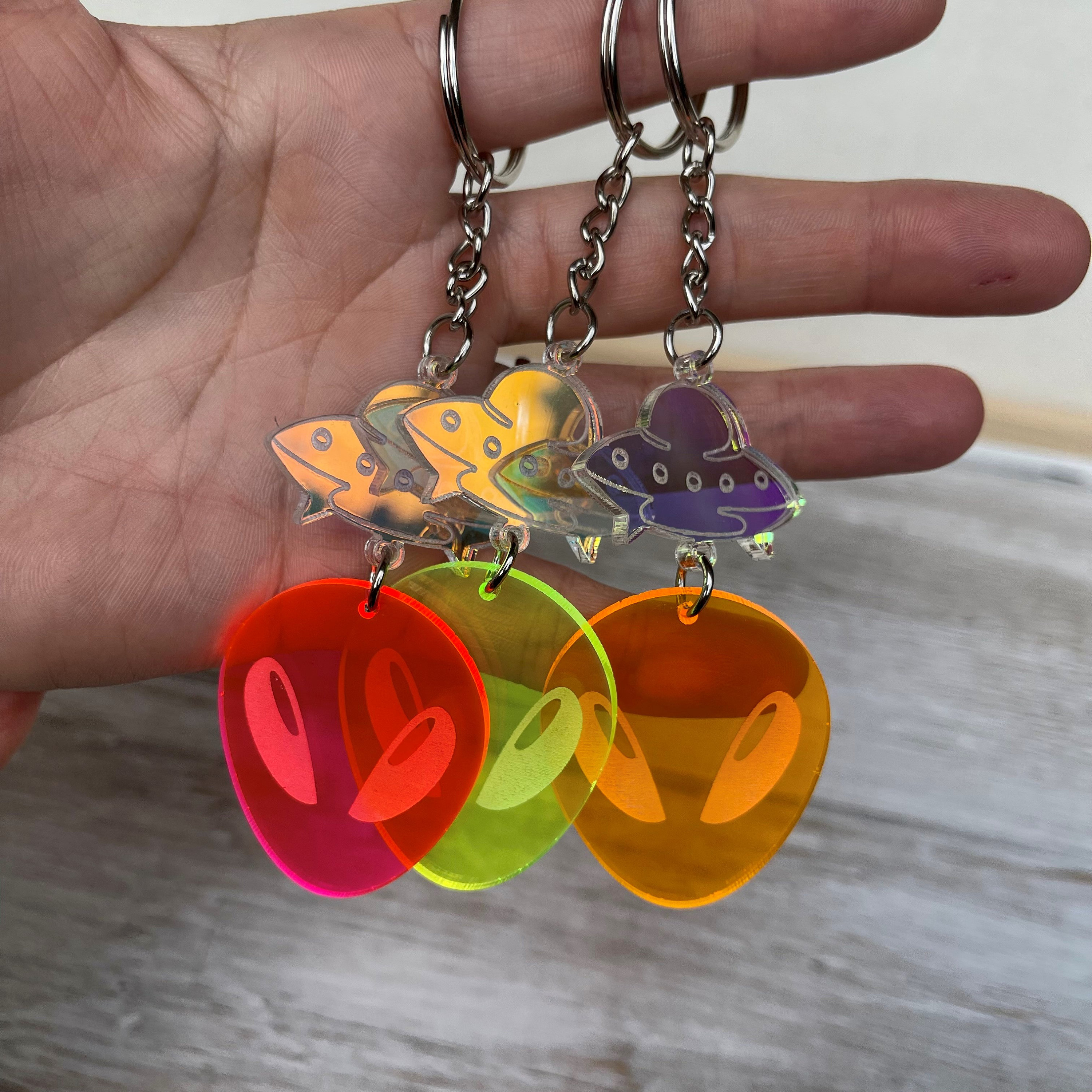 Neon Alien Keychain Iridescent UFO Keychain Laser Cut - Etsy