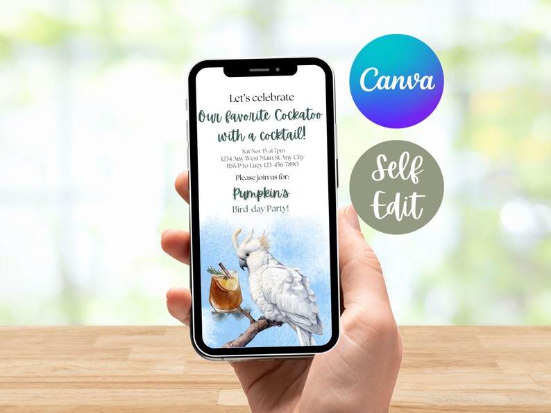 Cockatoo Cocktail Party Invitation Template: Editable Bird Birthday ...