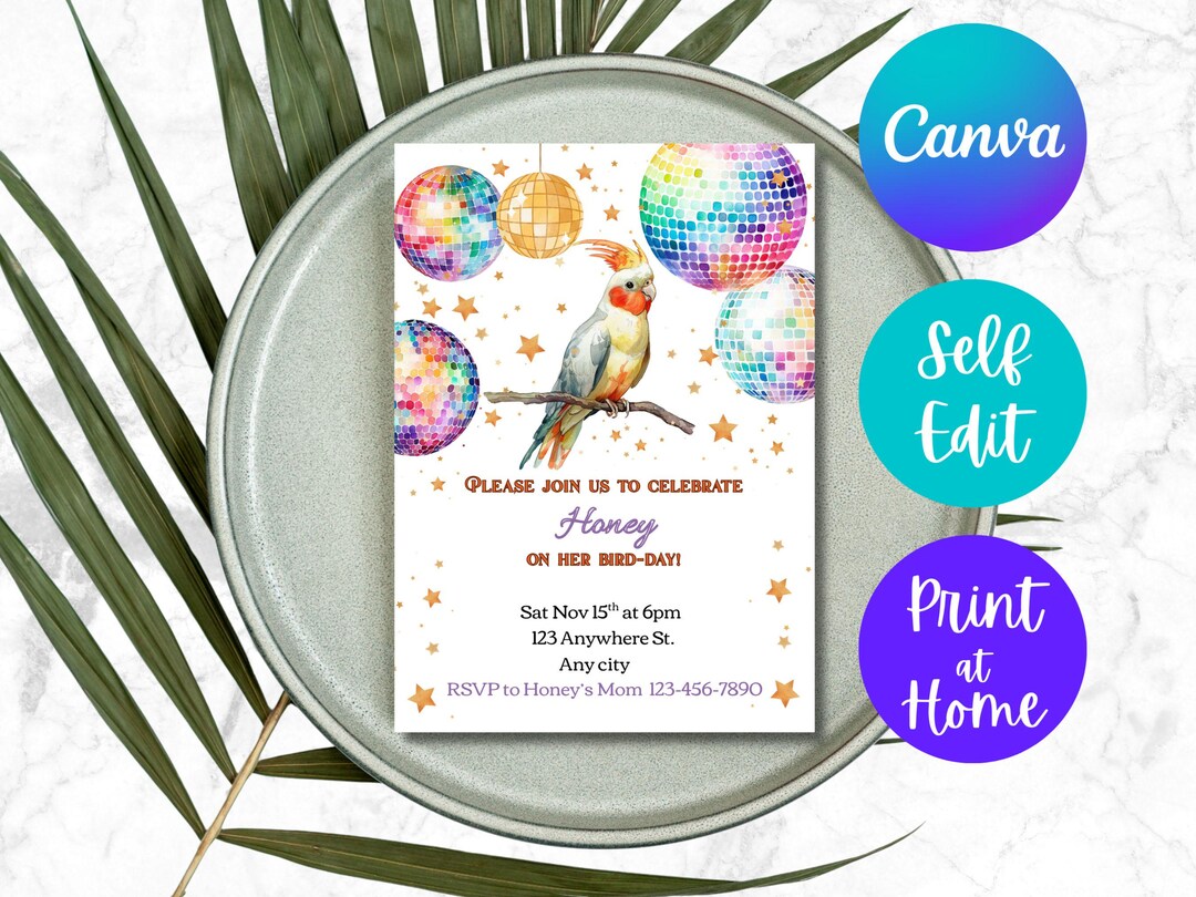Cockatiel Birthday Party Invitation: Disco Glam Bird-day (PDF Template ...
