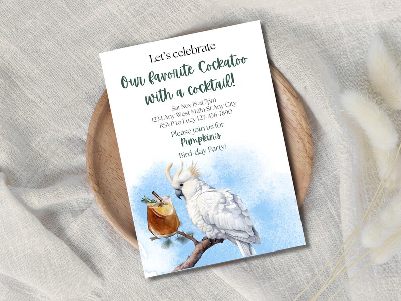 Cockatoo Cocktail Party Invitation Template: Editable Bird Birthday ...