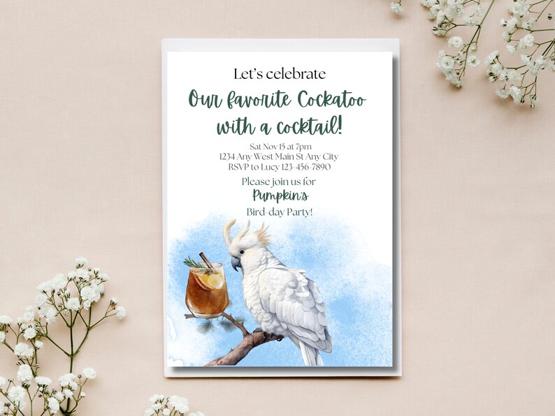 Cockatoo Cocktail Party Invitation Template: Editable Bird Birthday ...