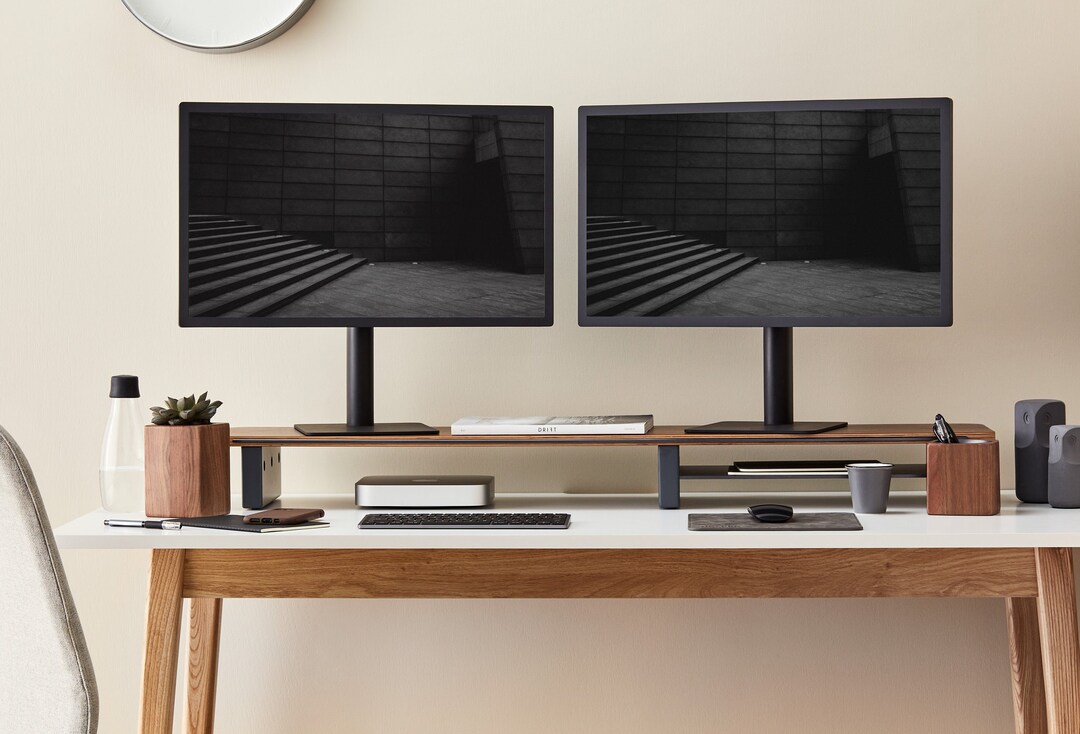 American Walnut Dual Monitor Shelf in Gadget Grey Aluminium Trim - Etsy