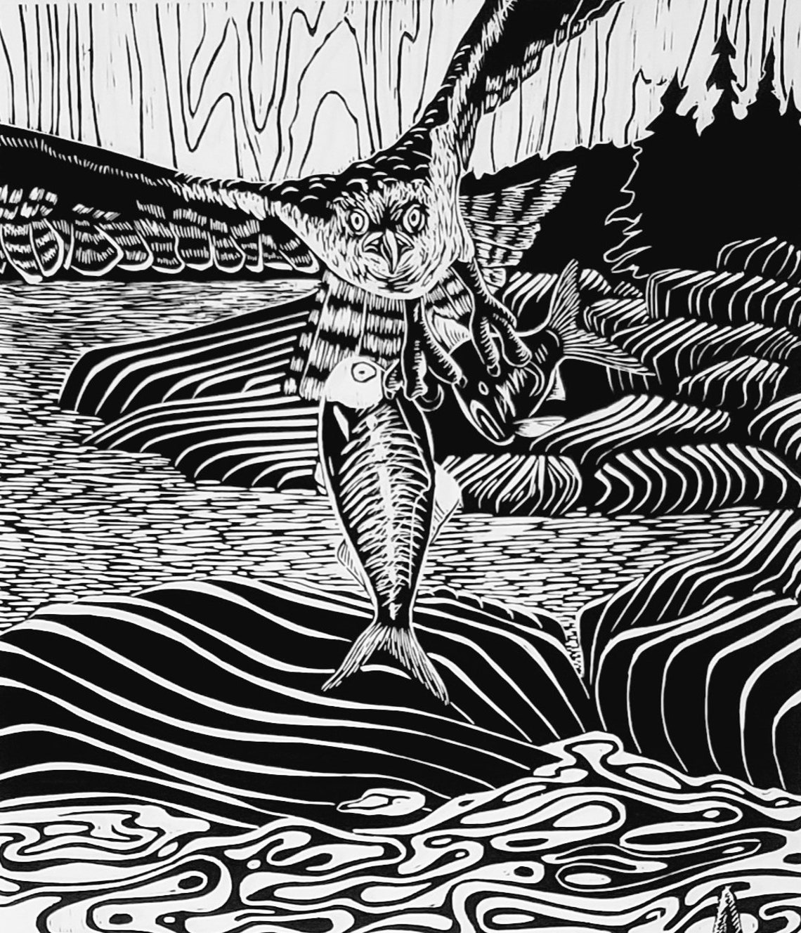 Osprey and Octopus (woodcut, Triptych Left Panel) - Etsy UK