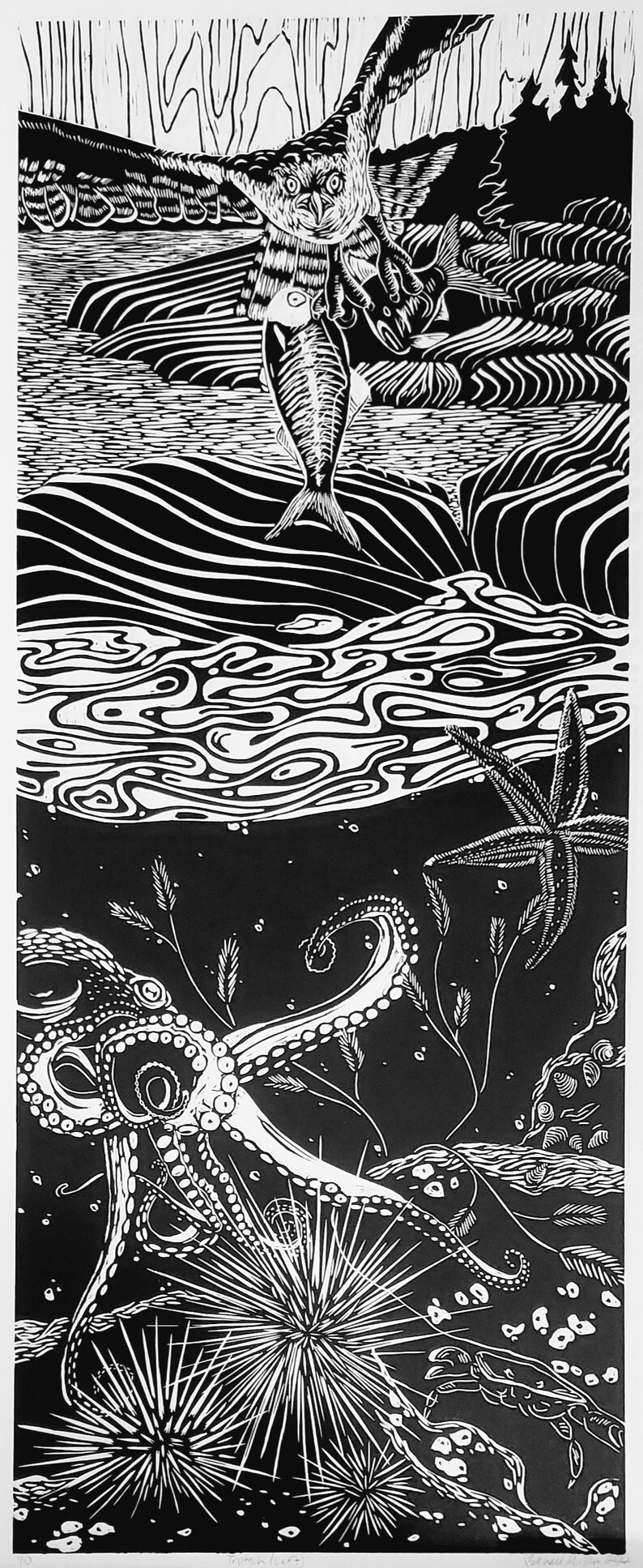 Osprey and Octopus woodcut Triptych Left Panel - Etsy UK