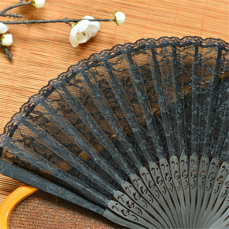 Black Lace Bamboo Hand Fan Wedding Black Lace Hand Fan - Etsy
