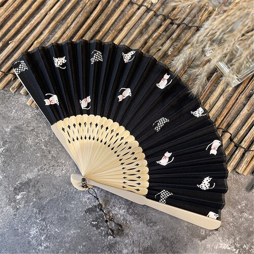 Cute Cat Bamboo Hand Fan Japanese Kawaii Handheld Folding - Etsy