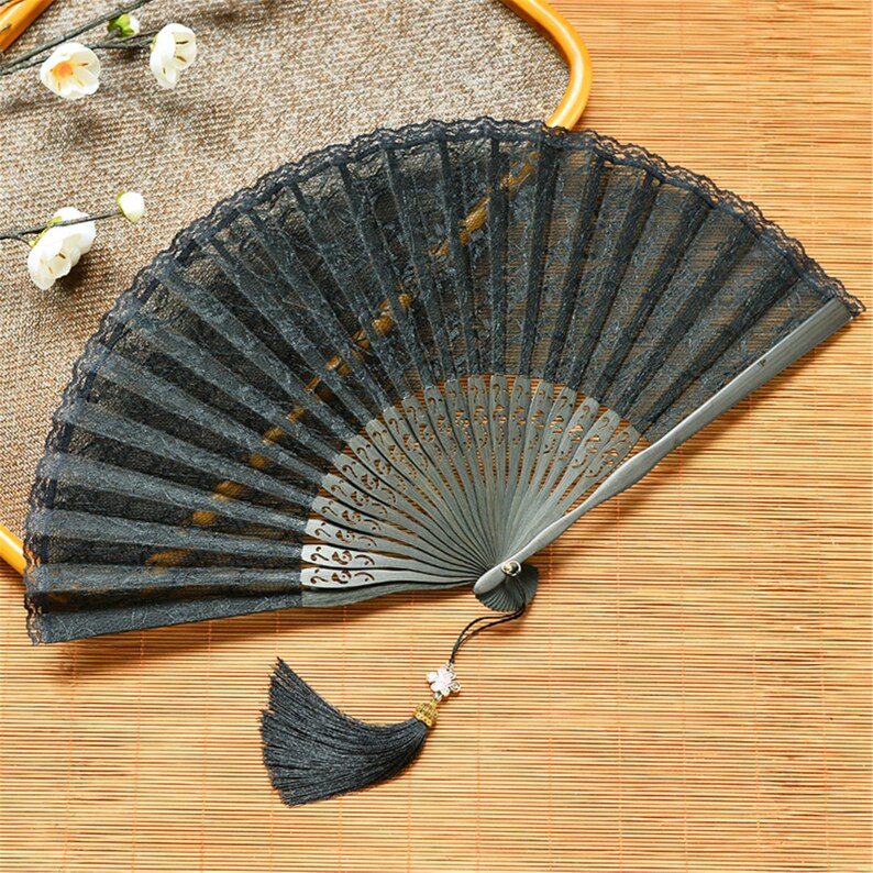Black Lace Bamboo Hand Fan Wedding Black Lace Hand Fan - Etsy