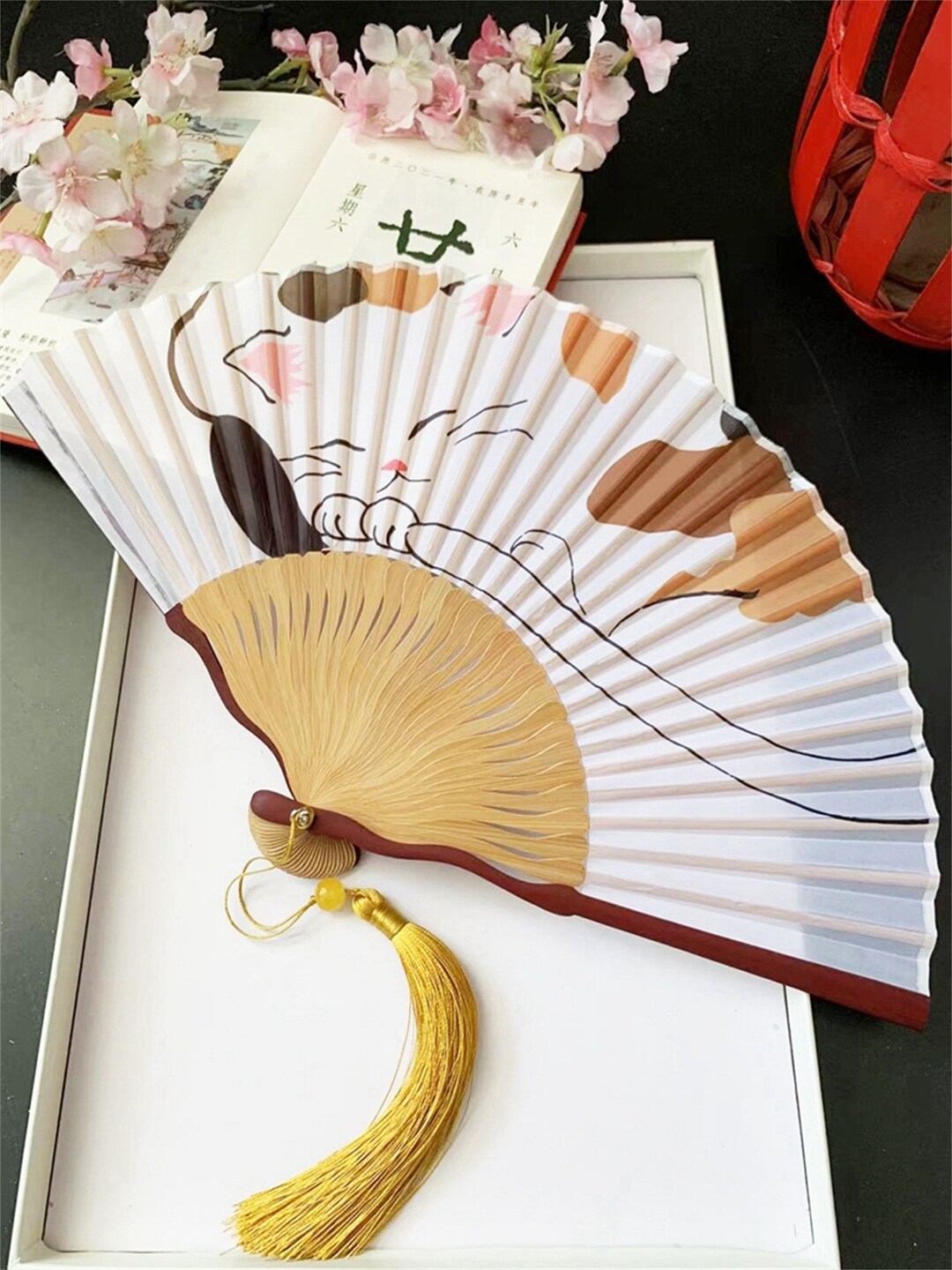 Cute Cat Bamboo Hand Fan Japanese Kawaii Handheld Folding - Etsy