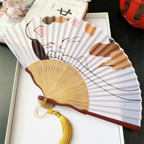 Cute Cat Bamboo Hand Fan Japanese Kawaii Handheld Folding - Etsy