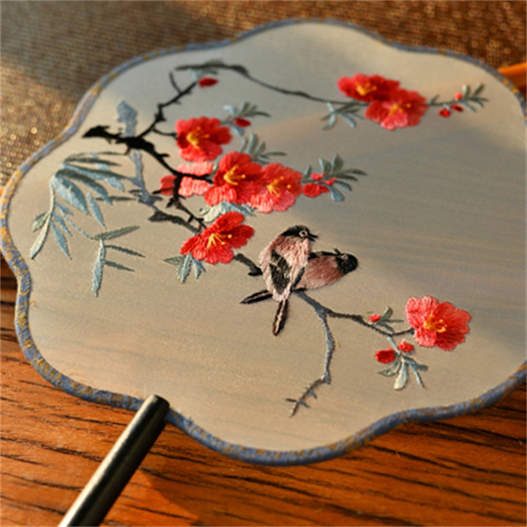 Birds & Flowers Embroidered Fan Long Tassel Fan Wooden - Etsy