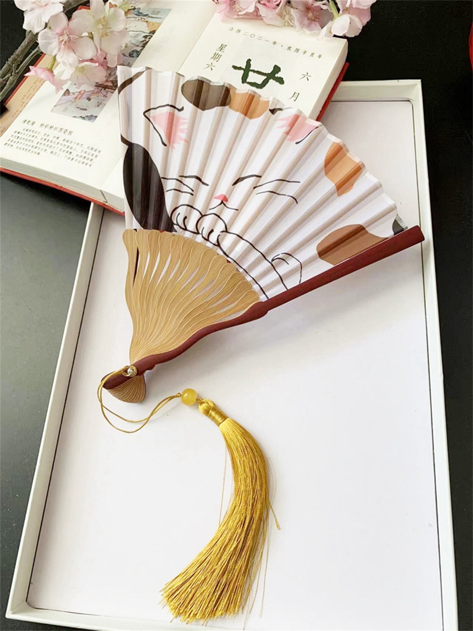 Cute Cat Bamboo Hand Fan Japanese Kawaii Handheld Folding - Etsy