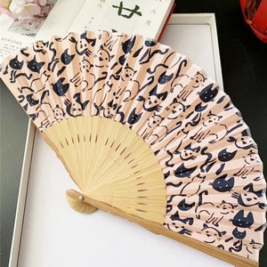 Cute Cat Bamboo Hand Fan Japanese Kawaii Handheld Folding - Etsy