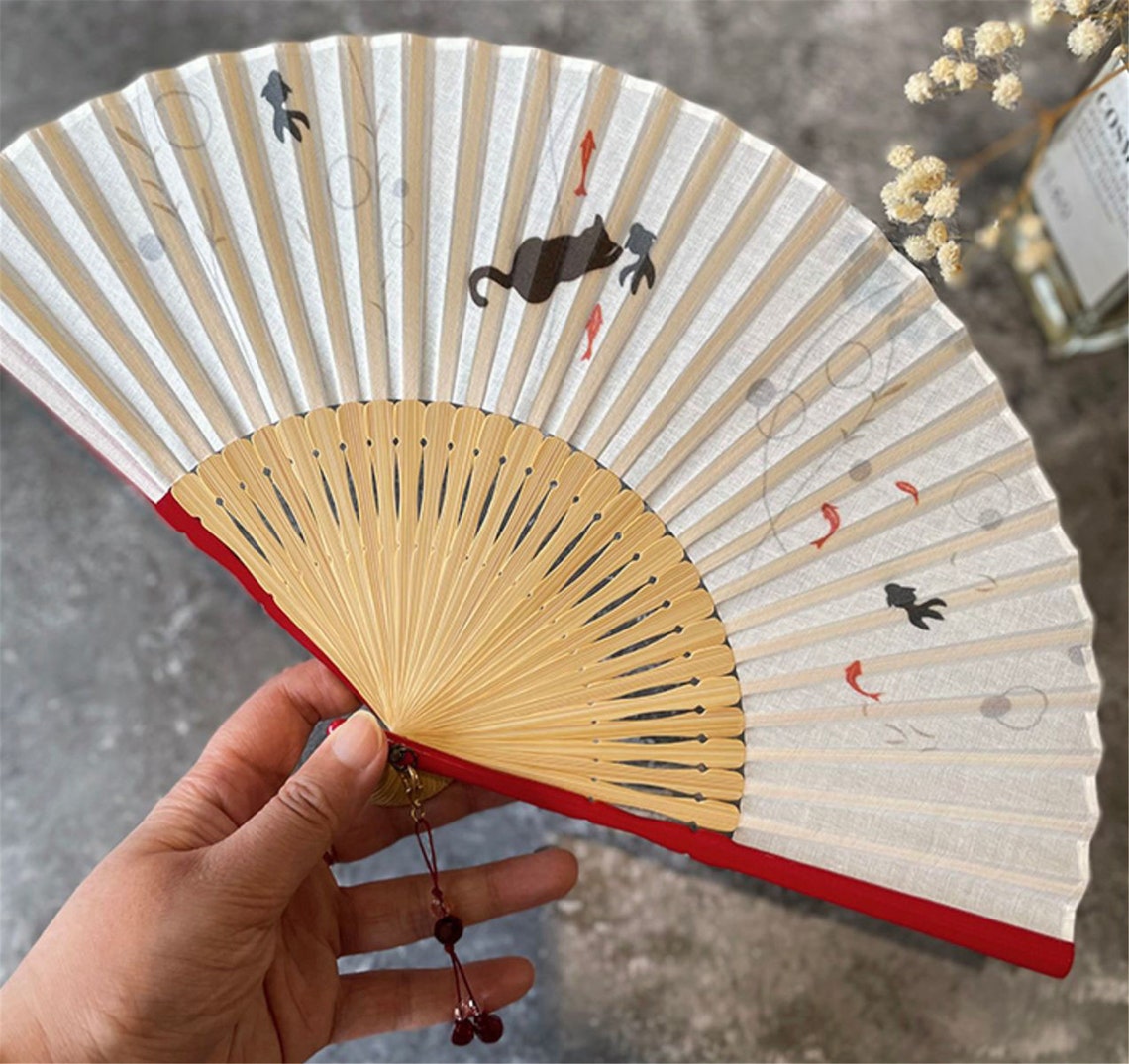 Funny Cat & Goldfish Hand Fan Cute Japanese Bamboo Held Fan - Etsy