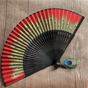 Peacock Printed Hand Fan Antique Red Folding Hand Fan - Etsy