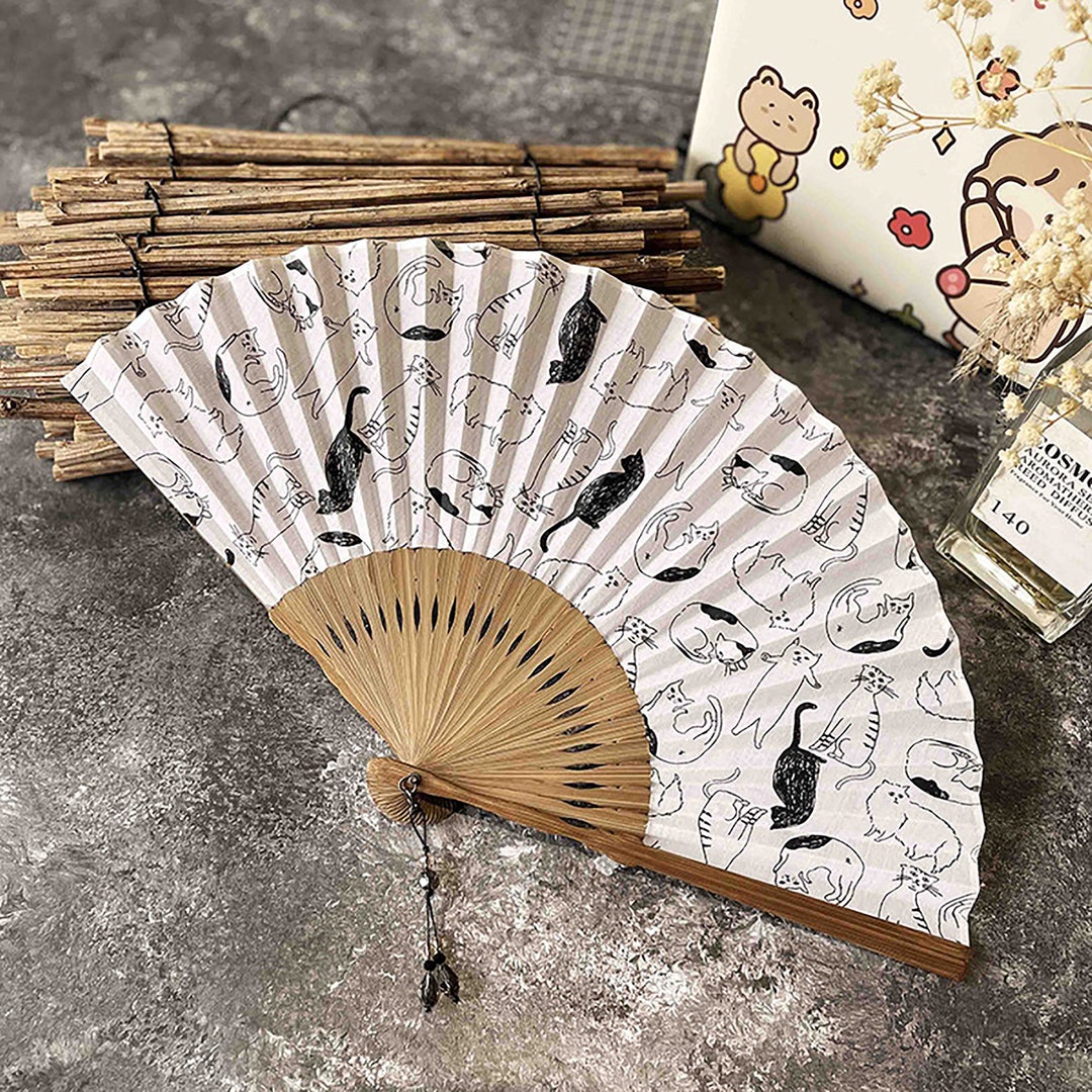 Lovely Cat Graffiti Hand Fan Chinese Bamboo Handheld Folding - Etsy