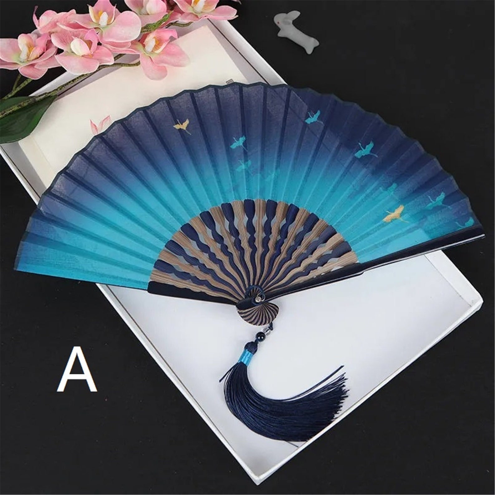 Navy Blue Handheld Silk Folding Fans Bamboo Silk Folding - Etsy